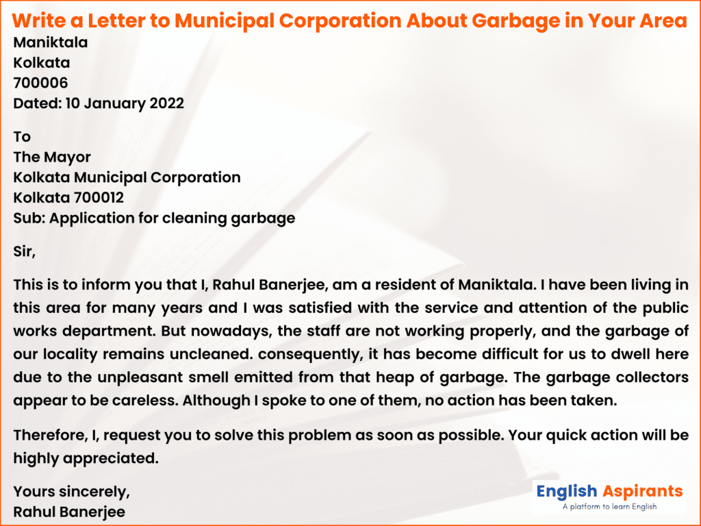 Write a Letter to Municipal Corporation About Garbage in Your Area