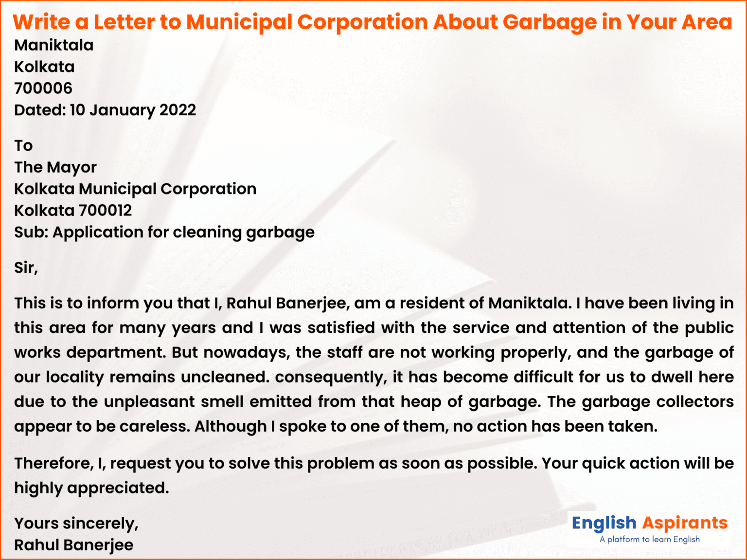 Write a Letter to Municipal Corporation About Garbage in Your Area