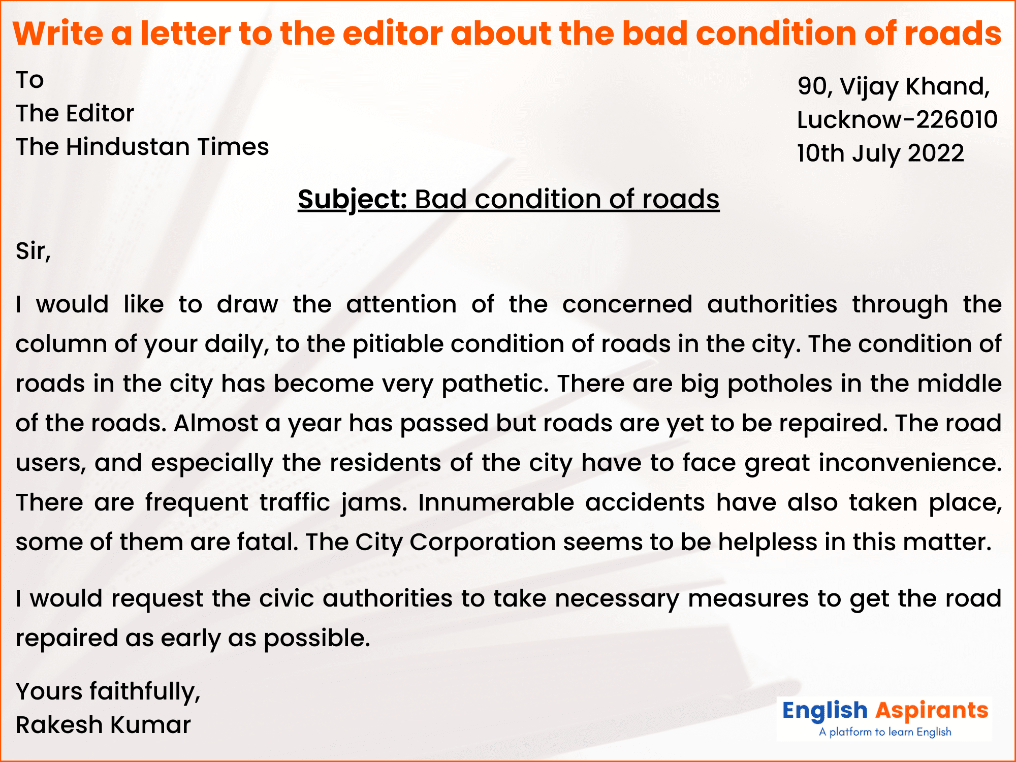 Letter To The Editor About Bad Condition Of Roads 5 Examples 