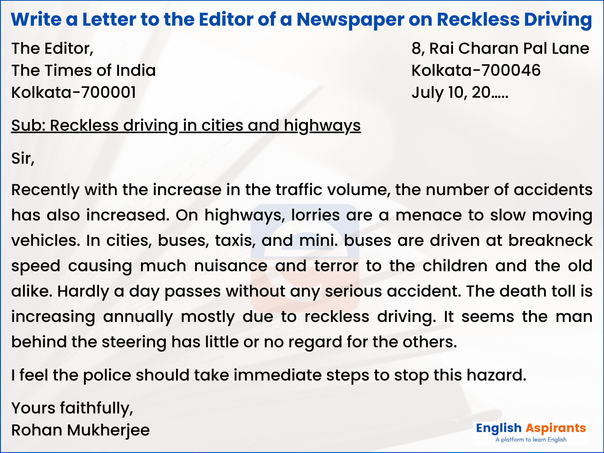 Letter To The Editor Of A Newspaper On Reckless Driving 2023 
