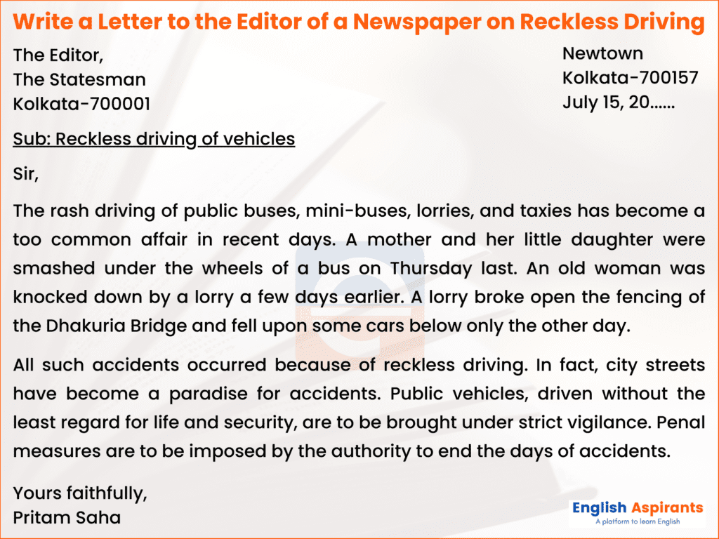 Letter to the Editor of a Newspaper on Reckless Driving [2025]