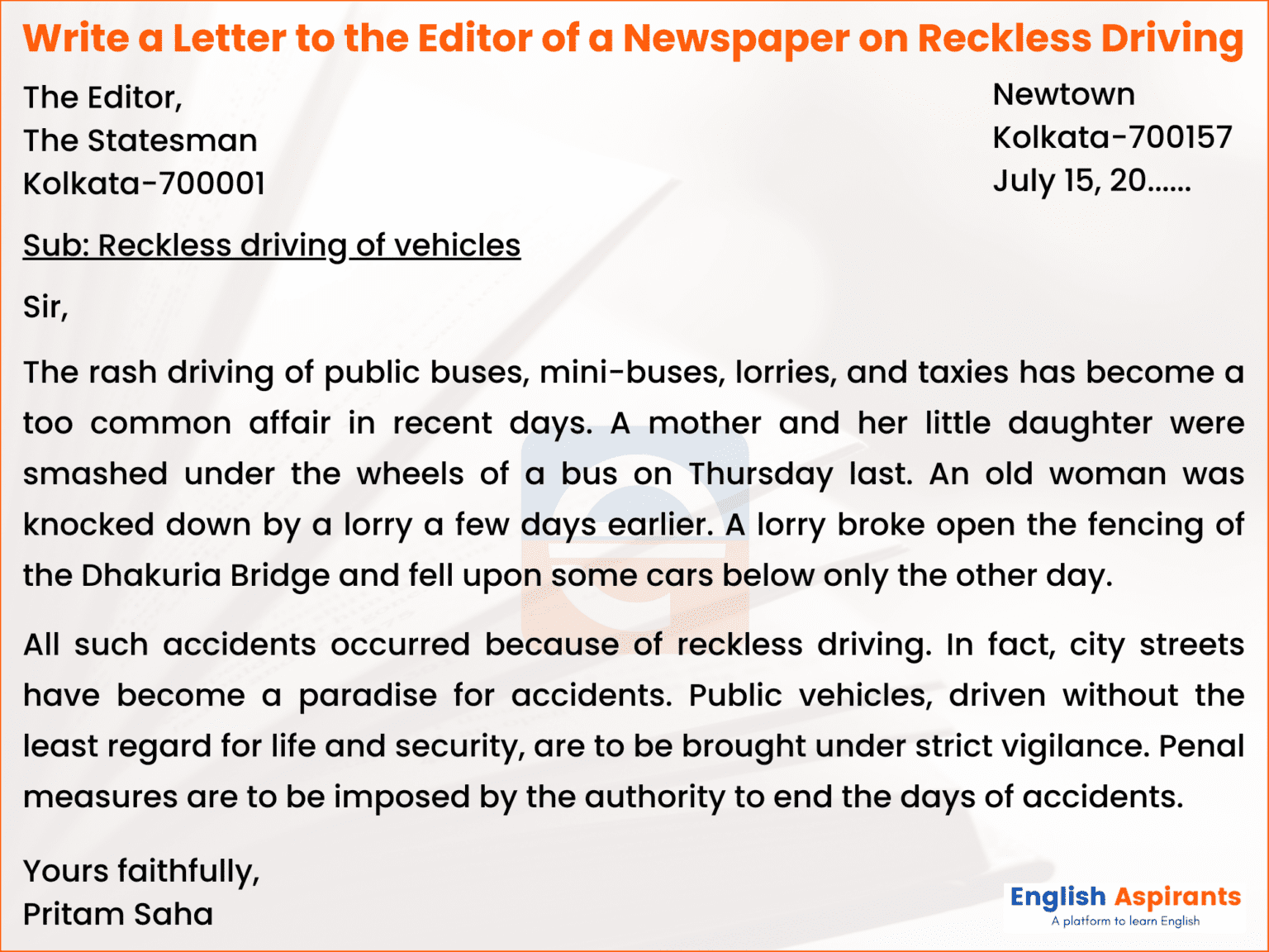 Letter to the Editor of a Newspaper on Reckless Driving [2025]
