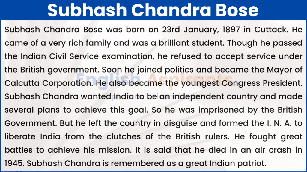Essay on Subhash Chandra Bose [100, 150, 200, 250 Words]